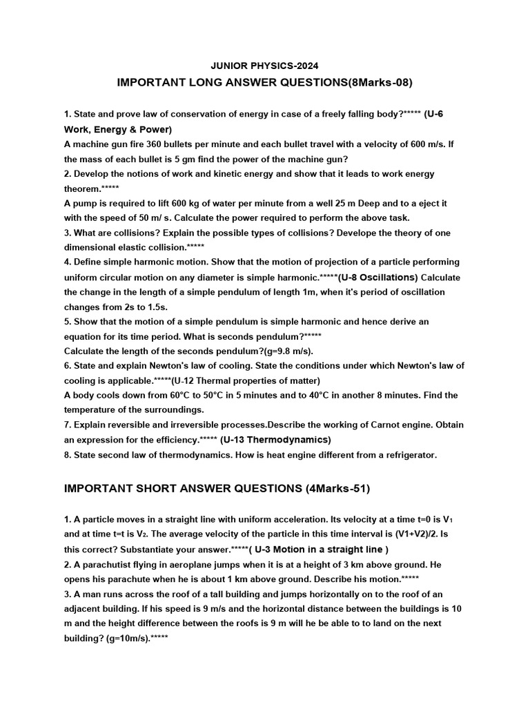 JR Imp Questions 2024 | PDF | Gases | Newton's Laws Of Motion