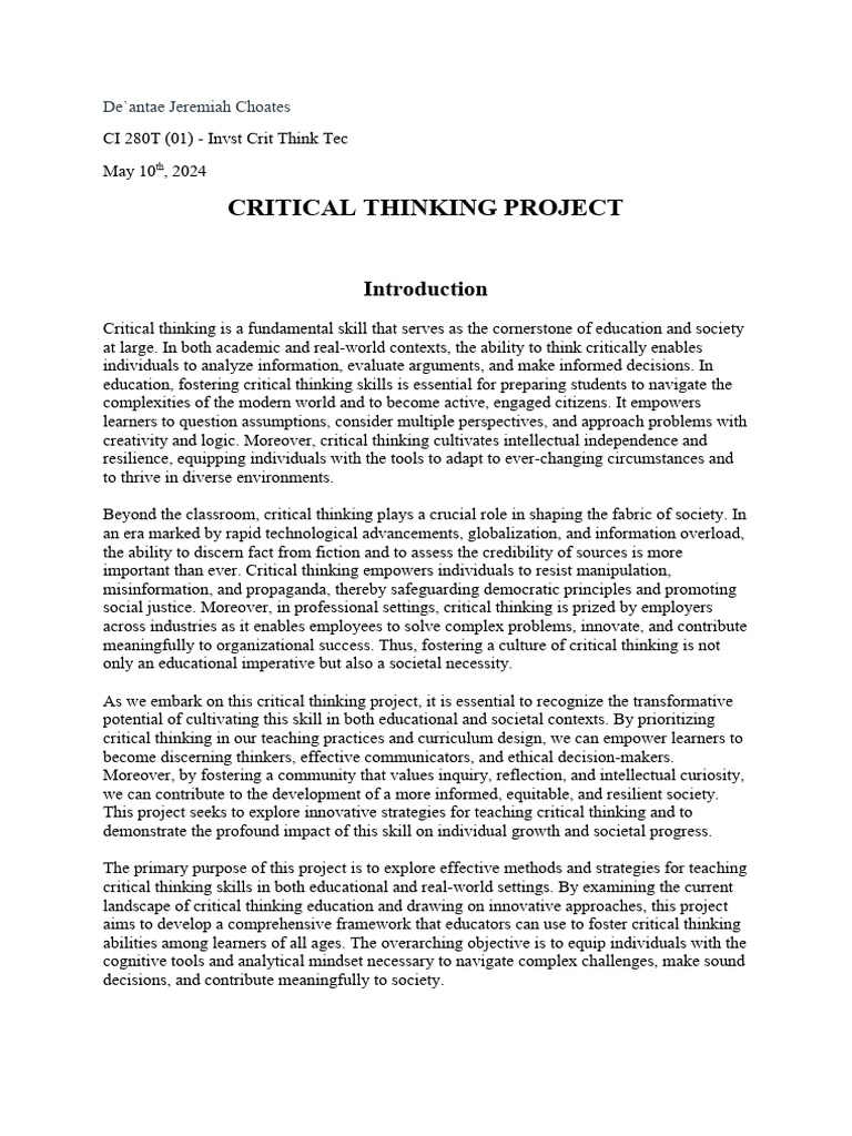 Choates - De' - CritThink - Project | PDF | Critical Thinking ...