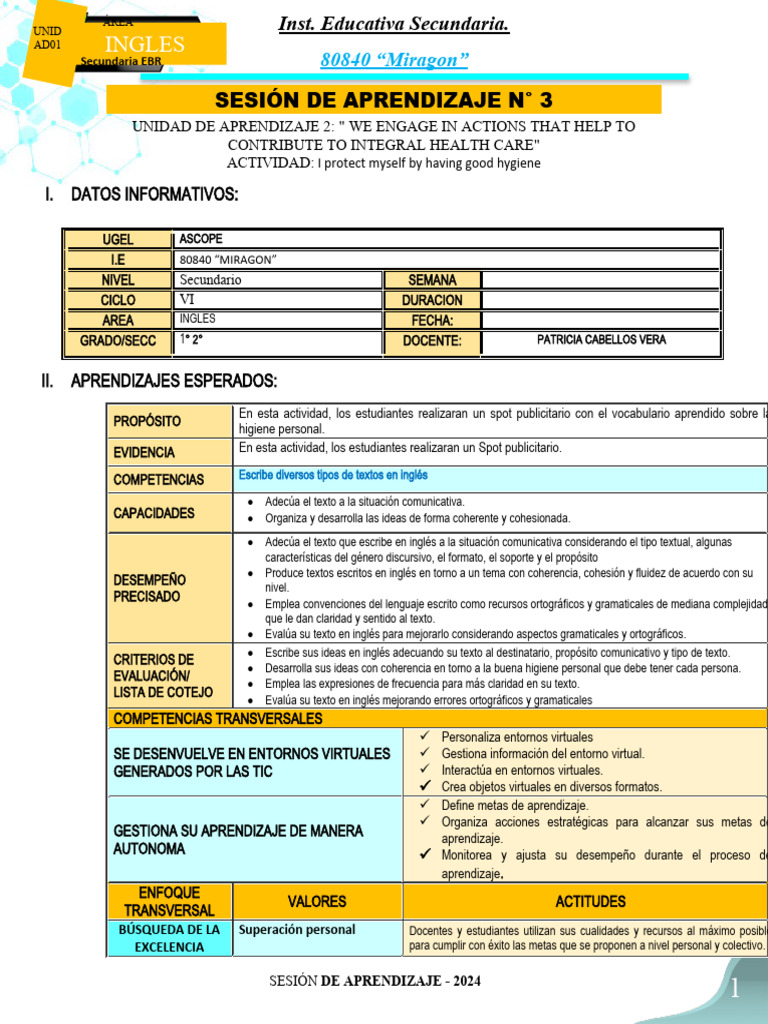 1° 2°-Ses Act 03-Inlgles-U2 - 2024 | PDF | Aprendizaje | Evaluación