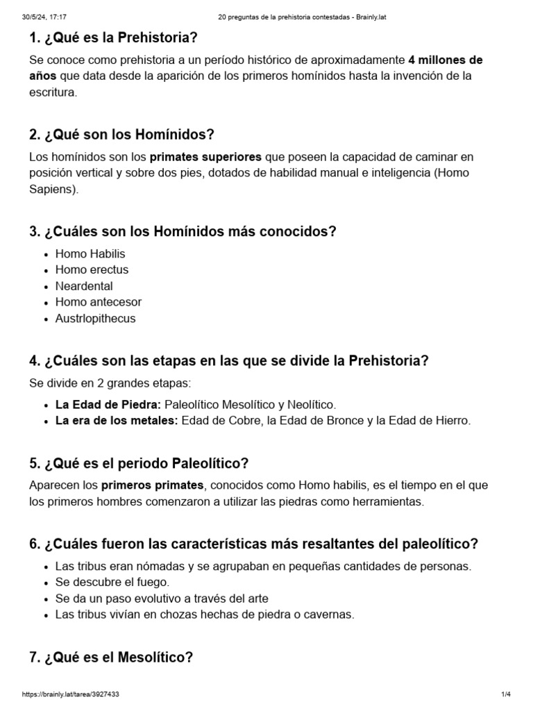 20 Preguntas de La Prehistoria Contestadas - Brainly - Lat | PDF | Homo ...