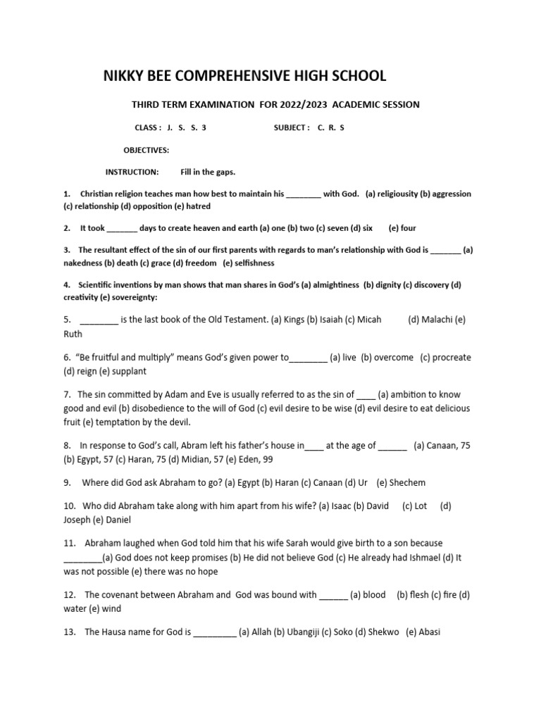 J.S.S ..3 THIRD TERM EXAMINATION New | PDF | Abraham | Isaac