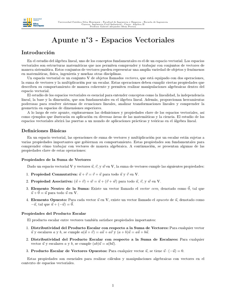 ICI201 ÁLGEBRA II Apunte 3 Espacios Vectoriales | PDF | Espacio vectorial | Linealidad
