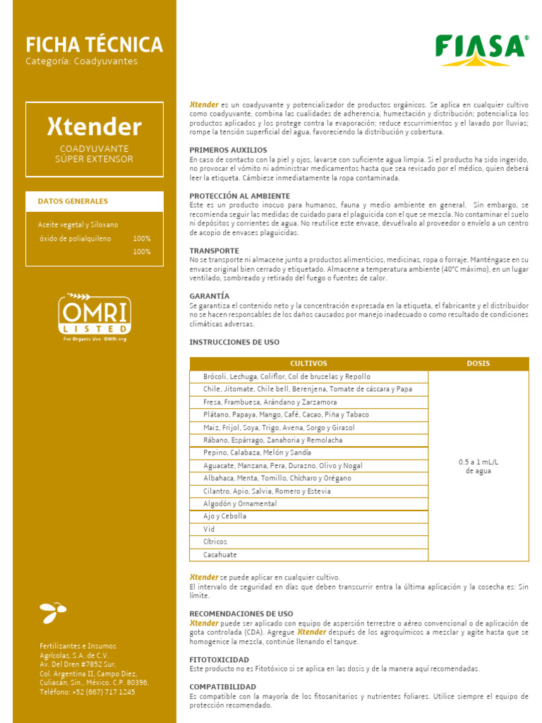 Ficha Tecnica Xtender 1 | Descargar gratis PDF | Agua
