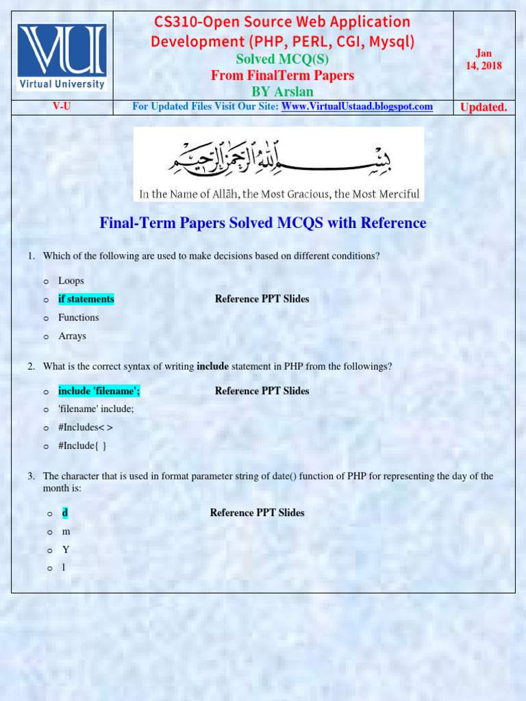 Cs310 Finalterm Mcqs With Reference Solved By Arslan Pdf Php Computer Engineering