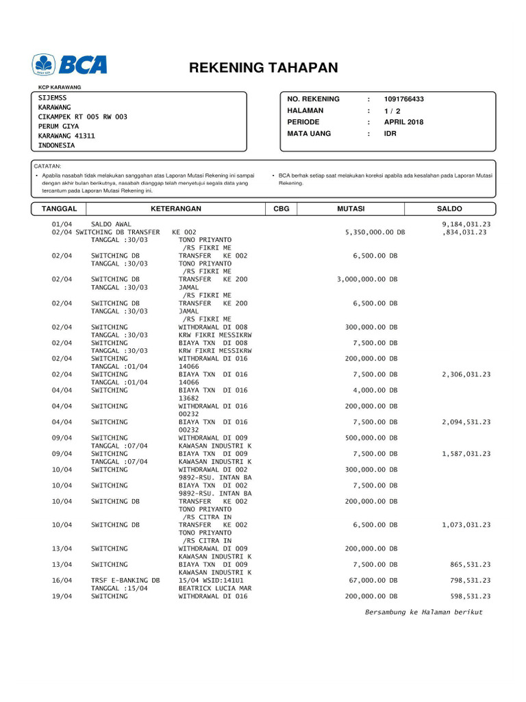 Contoh Rekening Koran BCA 1 | PDF