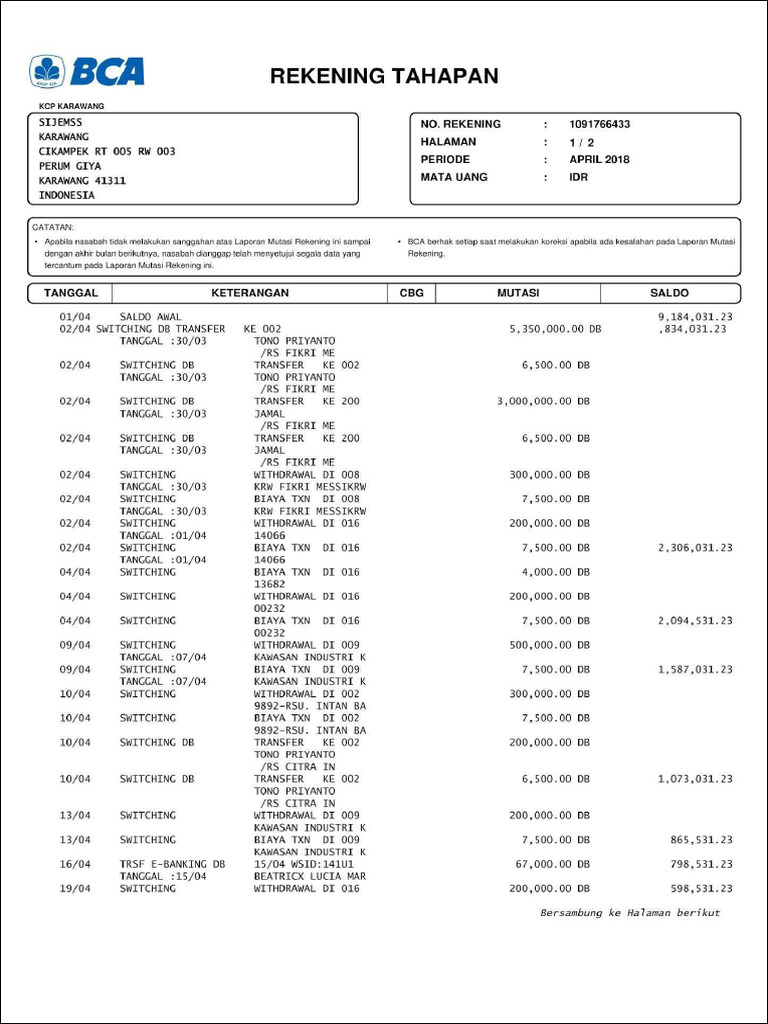 Contoh Rekening Koran BCA 1 | PDF