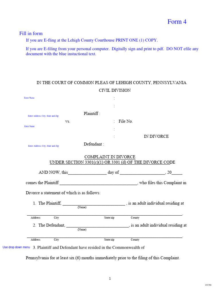Divorce Complaint Packet | PDF | Complaint | Plaintiff