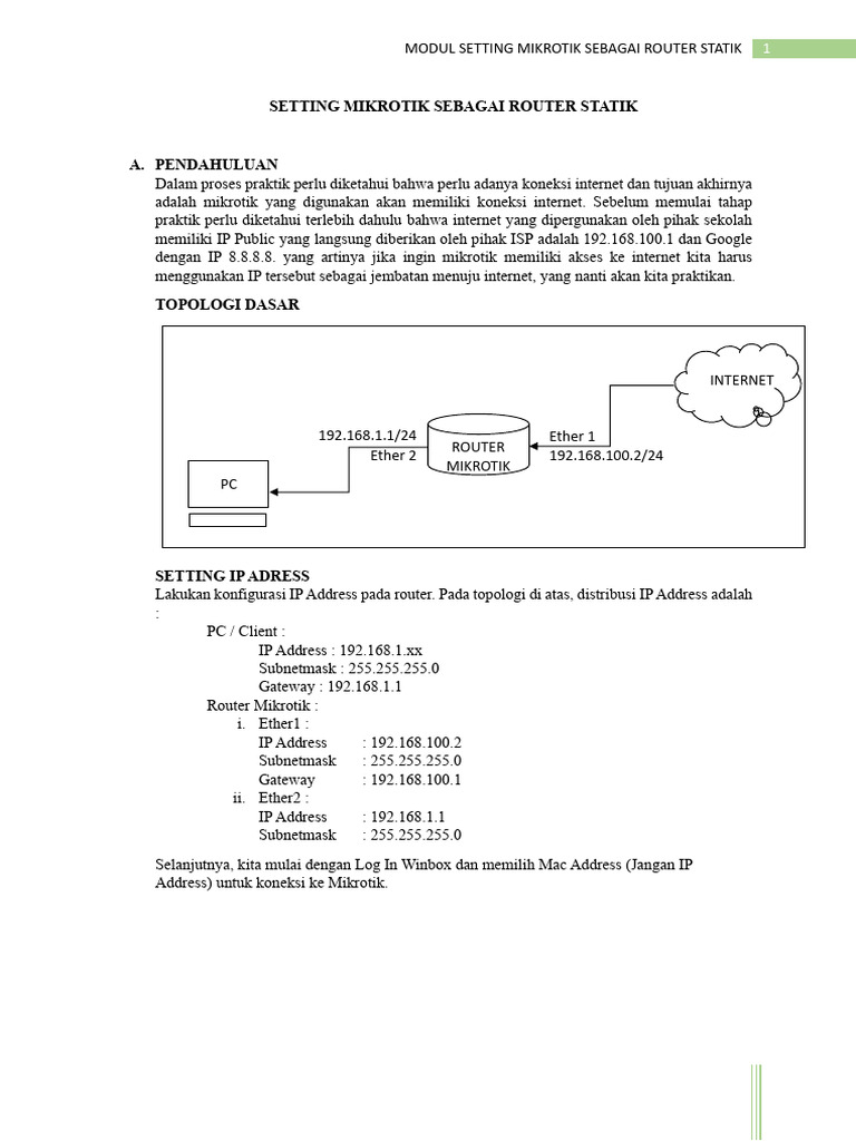 Modul Setting Mikrotik Sebagai Router Statik | PDF | Griya & Taman | Komputer