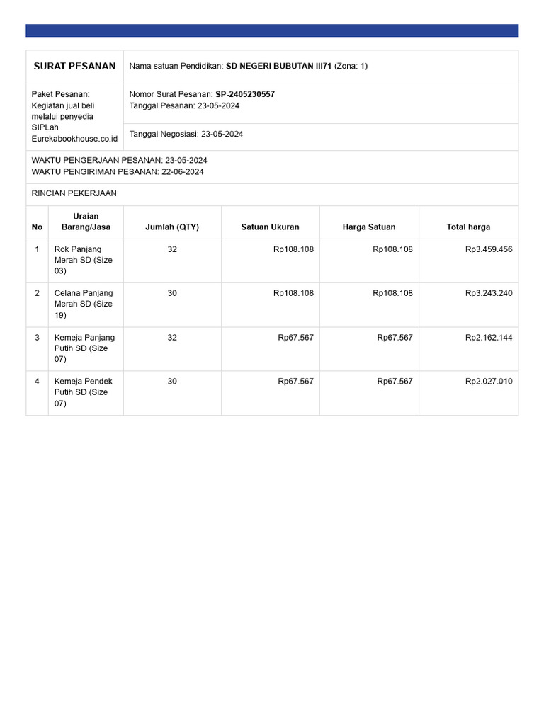 Pesanan Seragam SDN Bubutan III71 | PDF