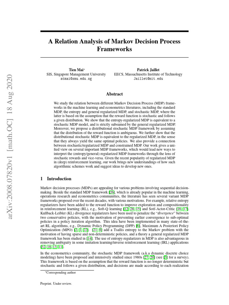 A Relation Analysis of Markov Decision Process Frameworks | PDF | Applied Mathematics | Mathematics
