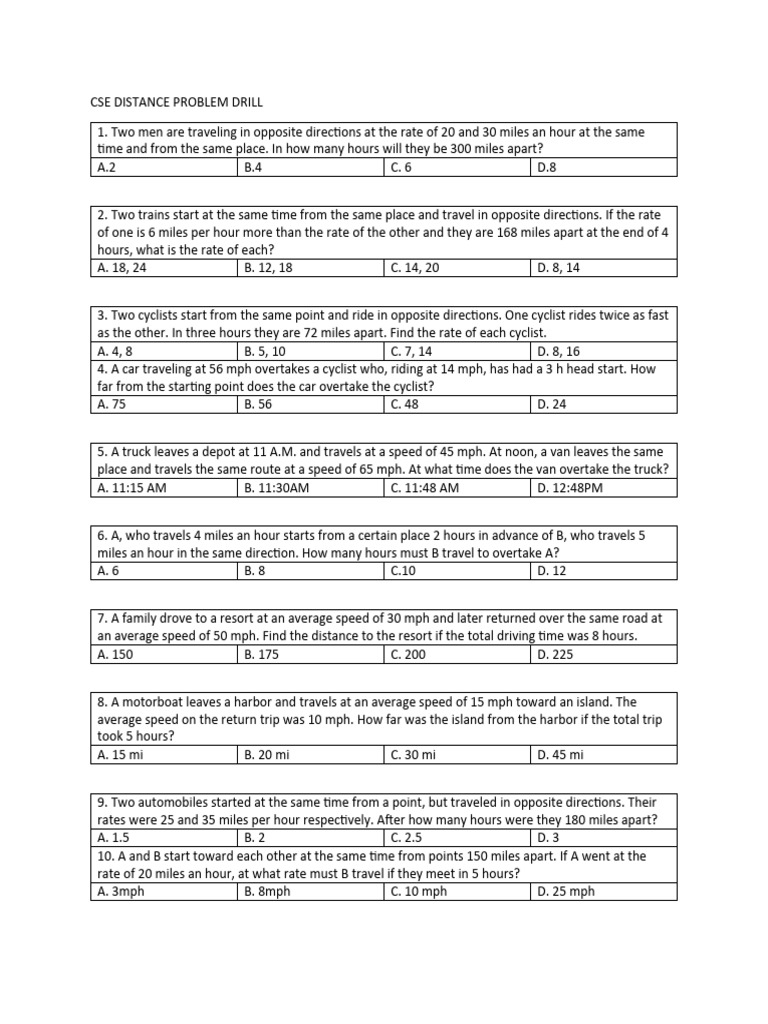 CSE Distance Problem Exercises | PDF | Speed | Transport