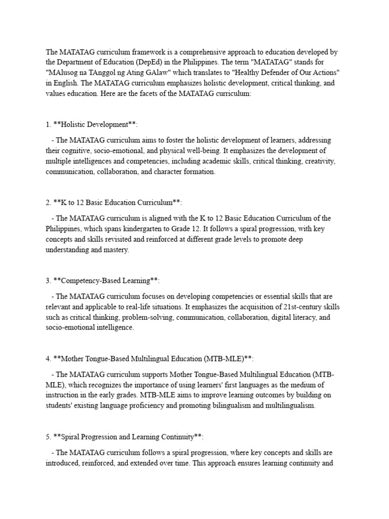 MATATAG Curriculum Framework | PDF | Learning | Curriculum