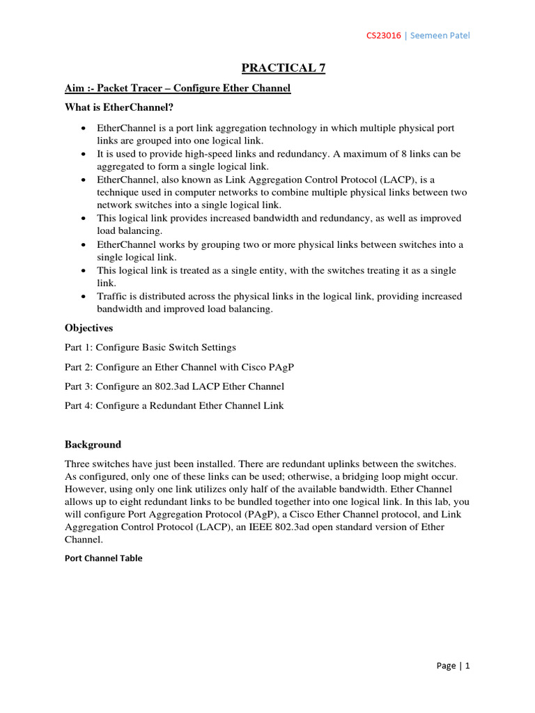 P7 EtherChanel (Seemeen Patel-CS23016) | PDF | Network Switch | Data Transmission