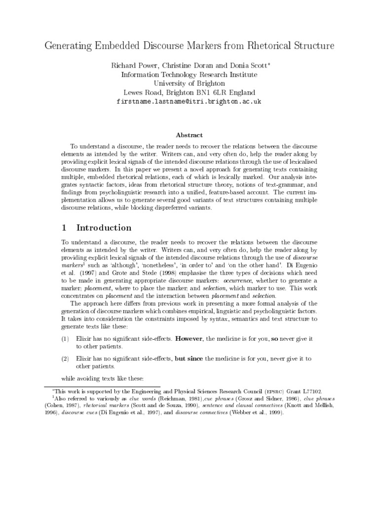Generating Embedded Discourse Markers From Rhetorical Structure | PDF | Phrase | Syntax