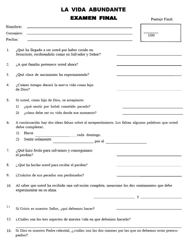 Examen Final - Vida Abundante | PDF | Jesús | Pecado
