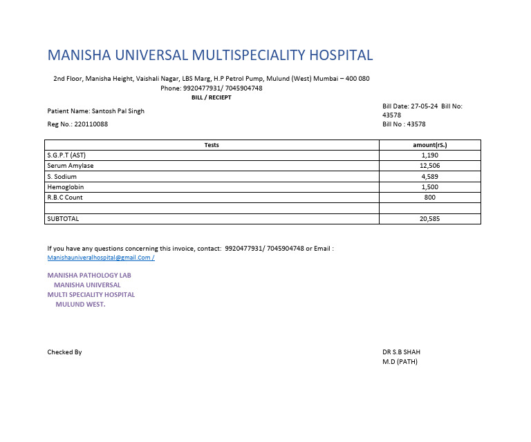 Manisha Hospital Bill Receipt for Tests | PDF