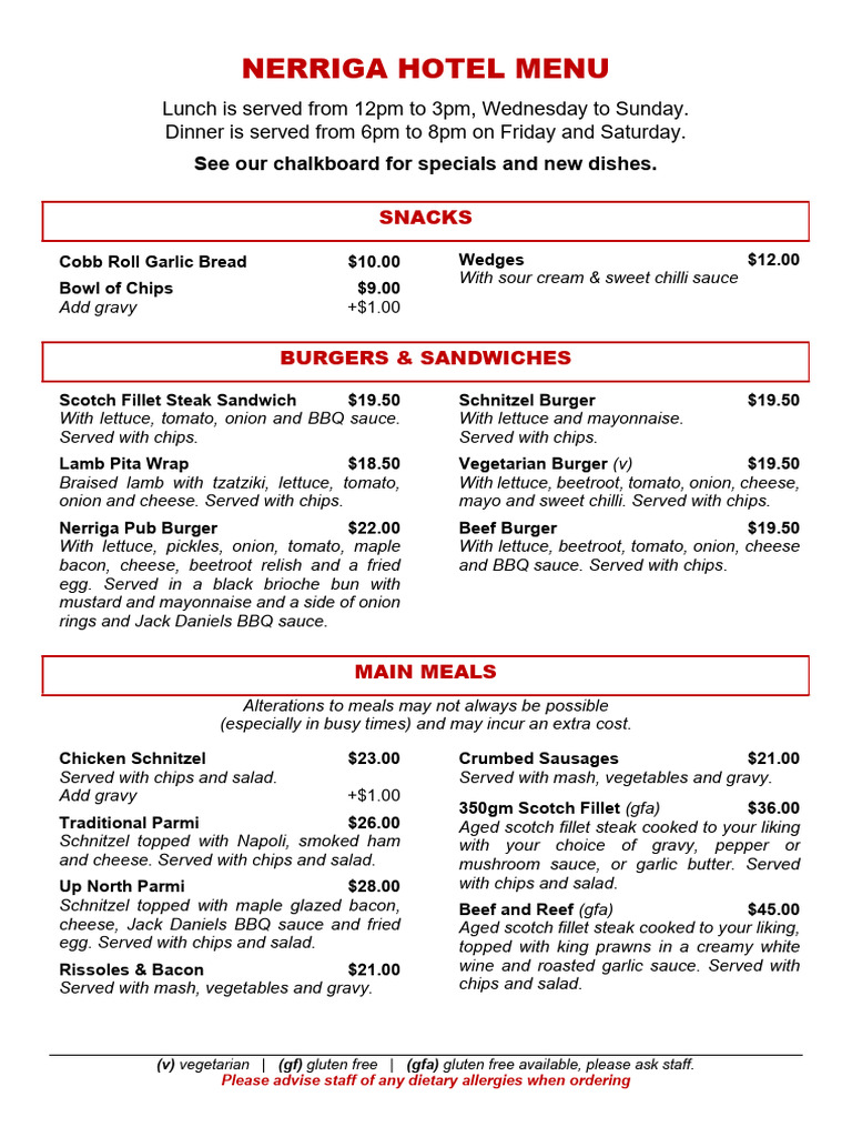 NERRIGA HOTEL MENU Updated February 202394 | PDF | Hamburgers | Salad