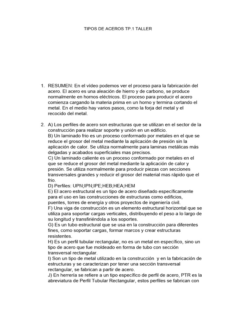 Tipos de Aceros TP.1 Taller | PDF | Acero | Laminado (metalmecánica)
