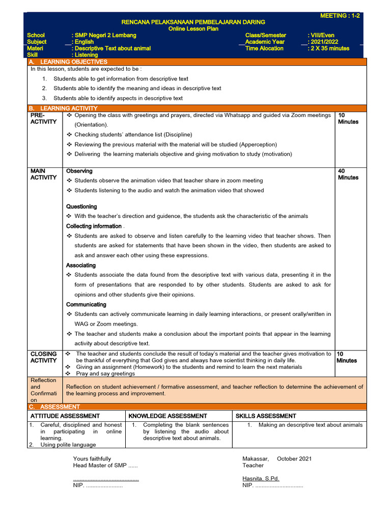 Hasnita Rpp Online Lesson Plan Tefl 4 Skill Pdf Learning Teachers