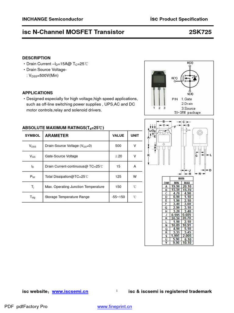 Isc N-Channel MOSFET Transistor 2SK725: INCHANGE Semiconductor Product ...