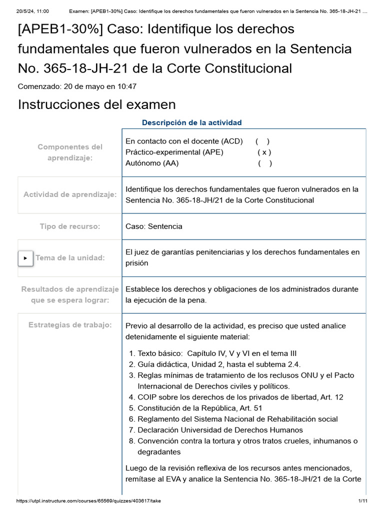 Examen - (APEB1-30%) Caso - Identifique Los Derechos Fundamentales Que Fueron Vulnerados en La ...