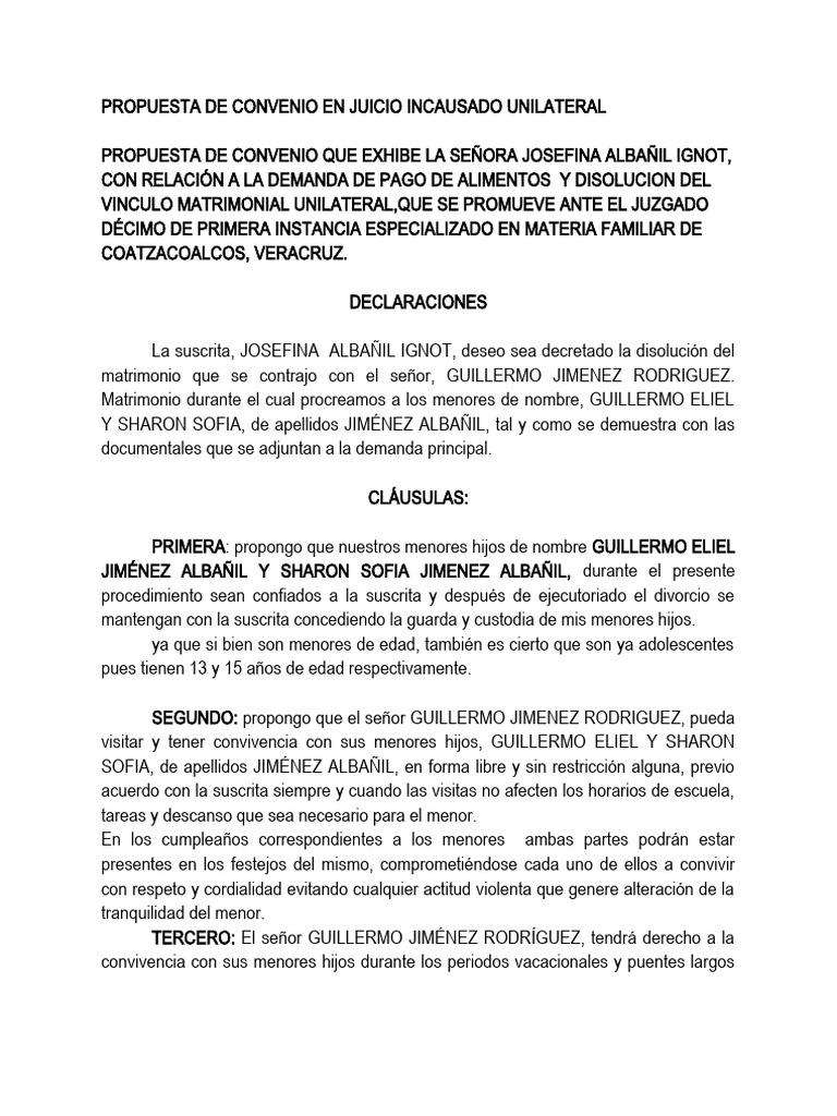 Escrito Ejemplo 2 Convenio para Divorcio | PDF | Divorcio
