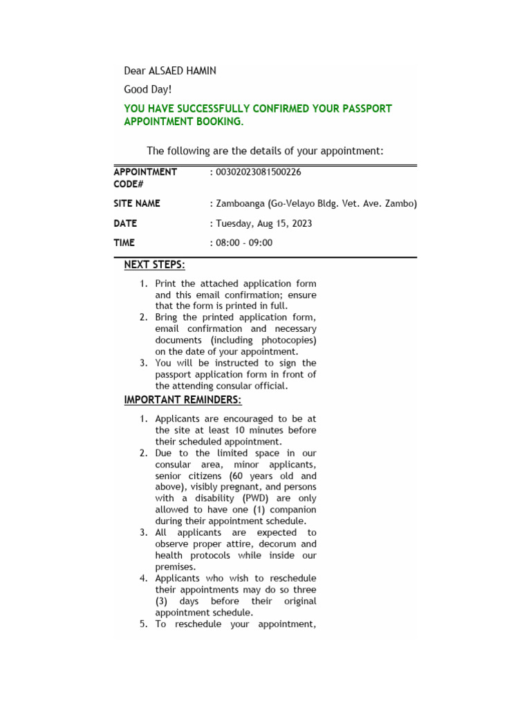Passport Appointment Confirmation | PDF