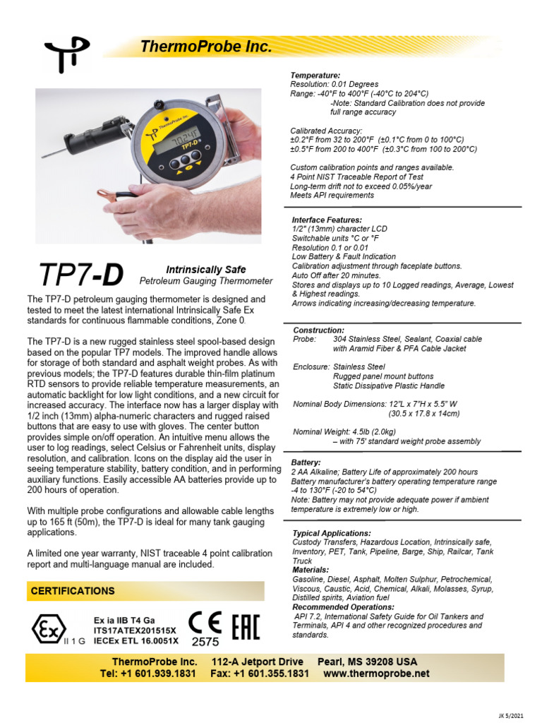Datasheet TP7-D-Data-Page-REV4 | PDF | Calibration | Thermometer