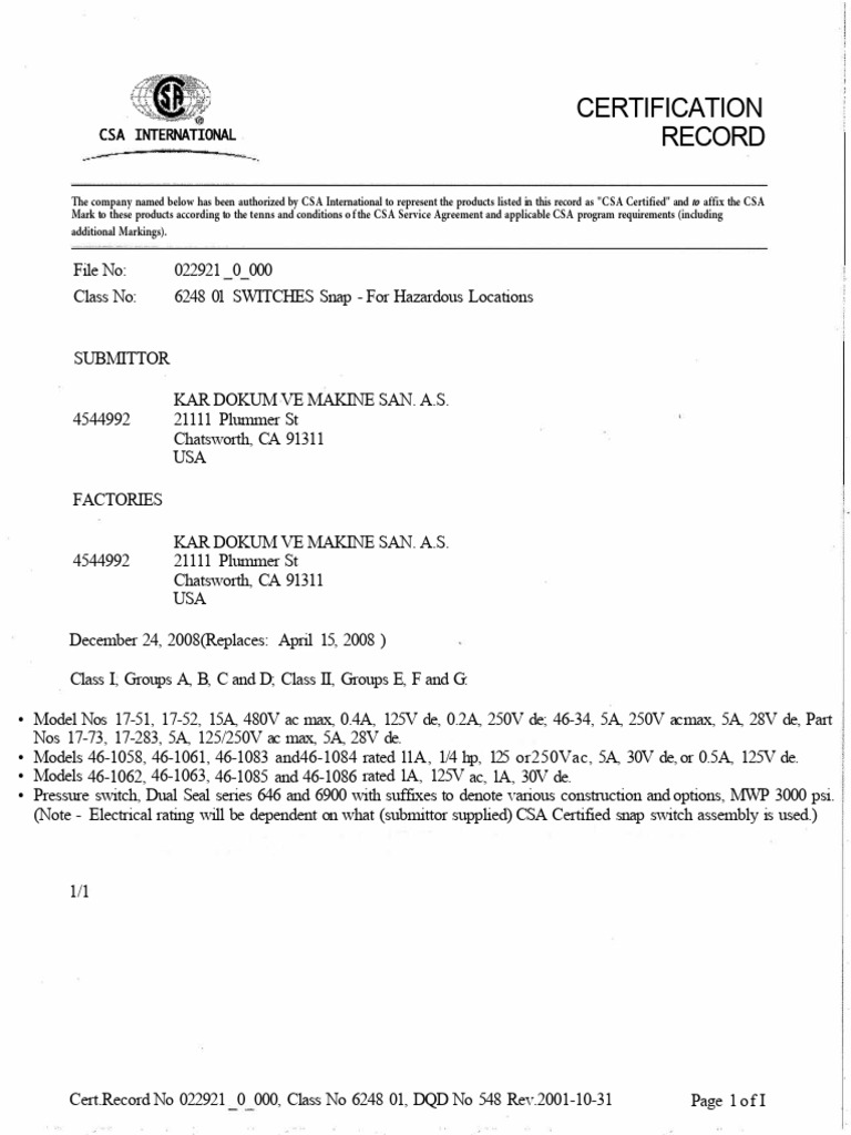 CSA Certification Record for Switches | PDF