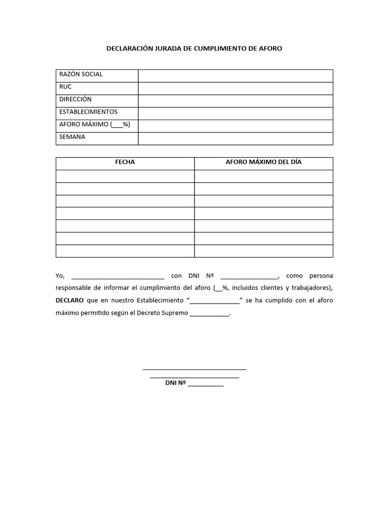 Declaración Jurada de Aforo Máximo | PDF