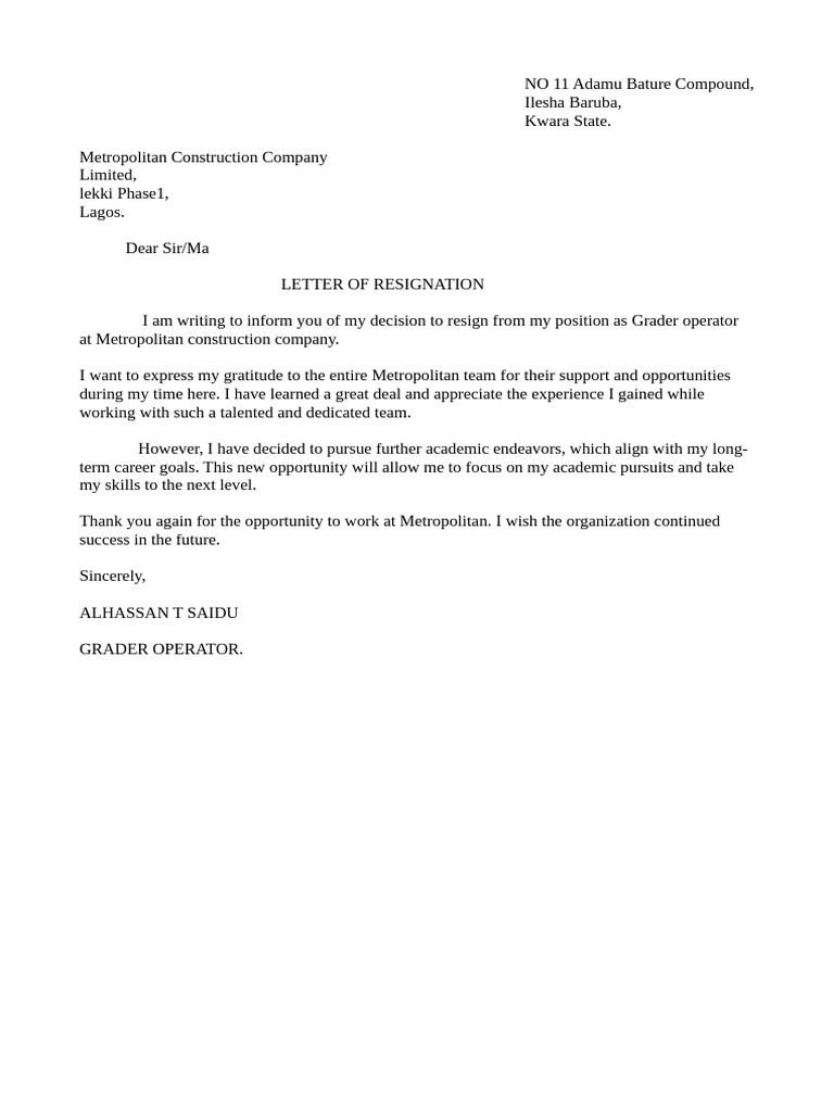 Grader Operator Resignation Letter | PDF