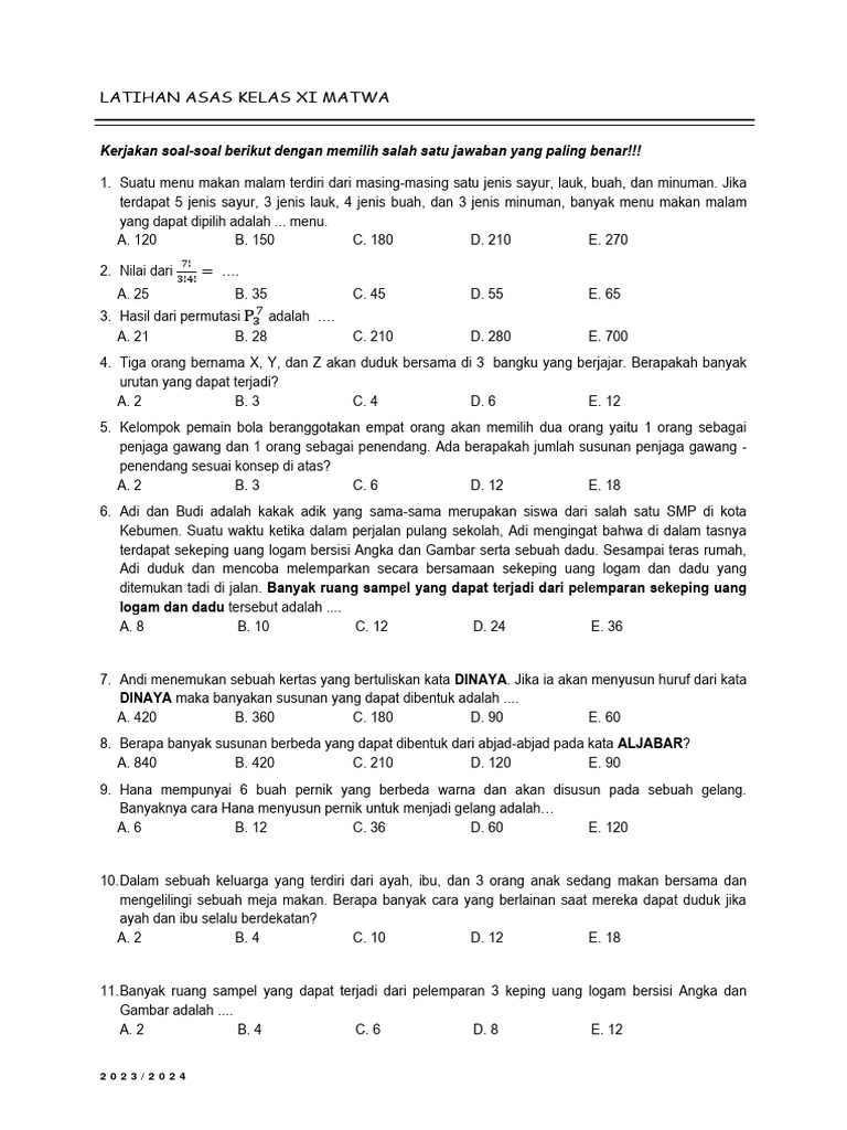 Soal Asas Matematika Wajib Kelas Xi | PDF