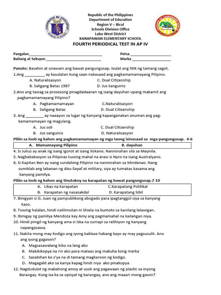 Fourth Periodical Test in Ap Iv | PDF
