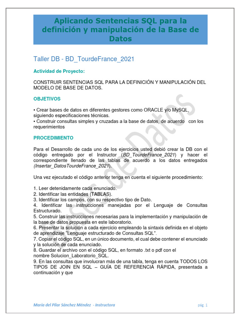 Taller SQL: Manipulación de Bases de Datos | PDF | SQL | Bases de datos
