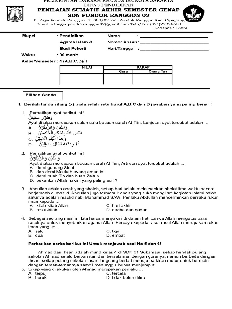 Soal Pai KLS 4 SD Fix | PDF