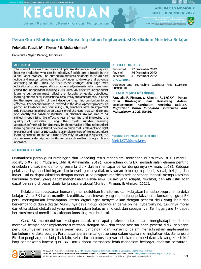 Peran Guru Bimbingan Dan Konseling Dalam Implementasi Kurikulum Merdeka Belajar | PDF