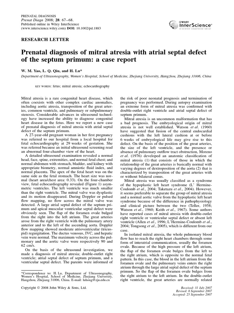 Prenatal Diagnosis - 2008 - Yao - Prenatal Diagnosis of Mitral Atresia With Atrial Septal Defect ...