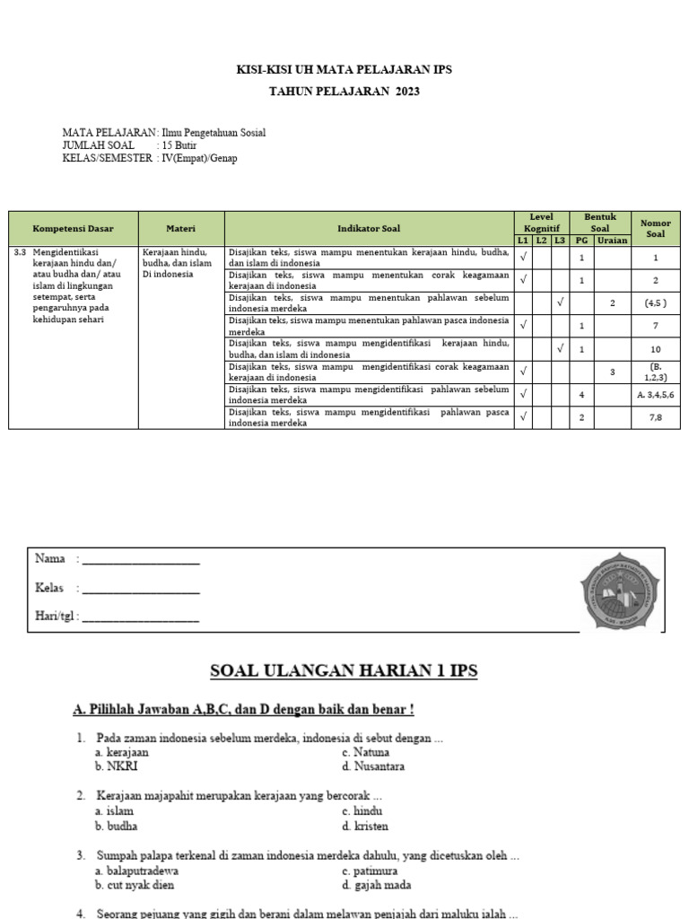 Kisi Kisi 4 UH 1 IPS | PDF
