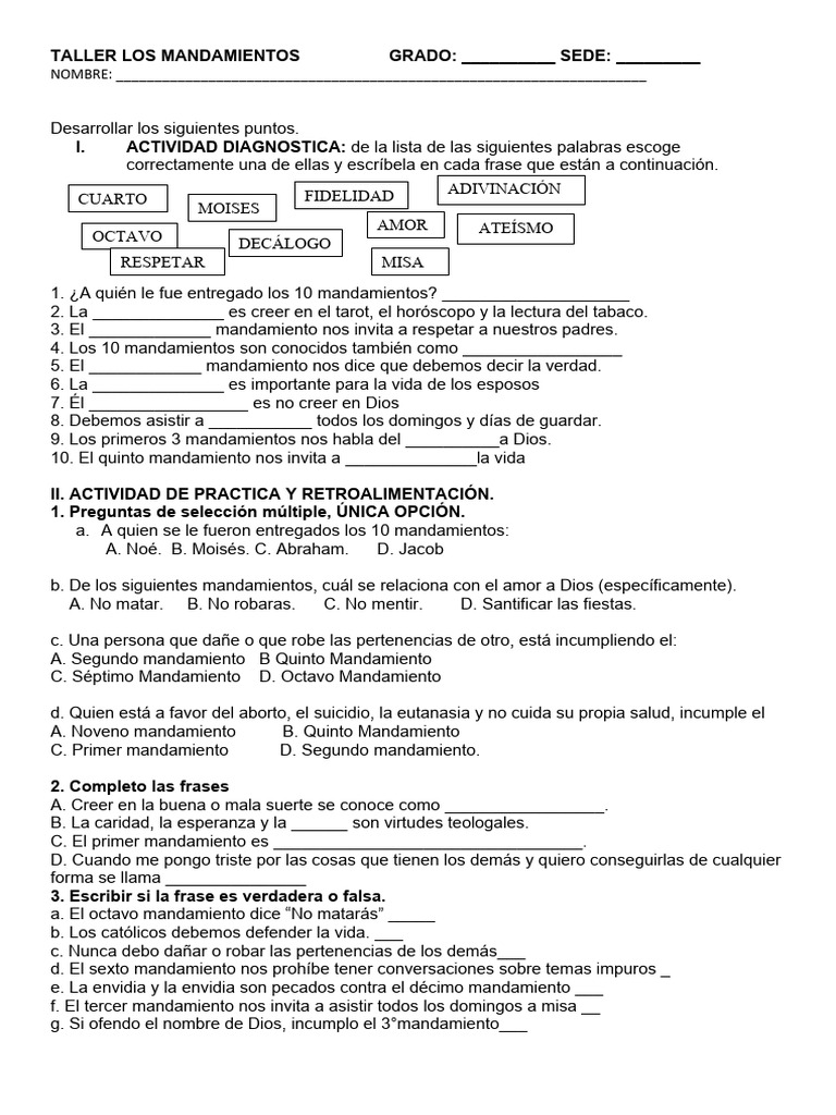 Taller Los Mandamientos 9° | PDF | Diez Mandamientos | Creencia religiosa y doctrina