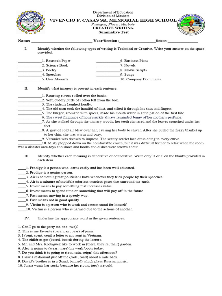 Creative Writing Summative Test | PDF