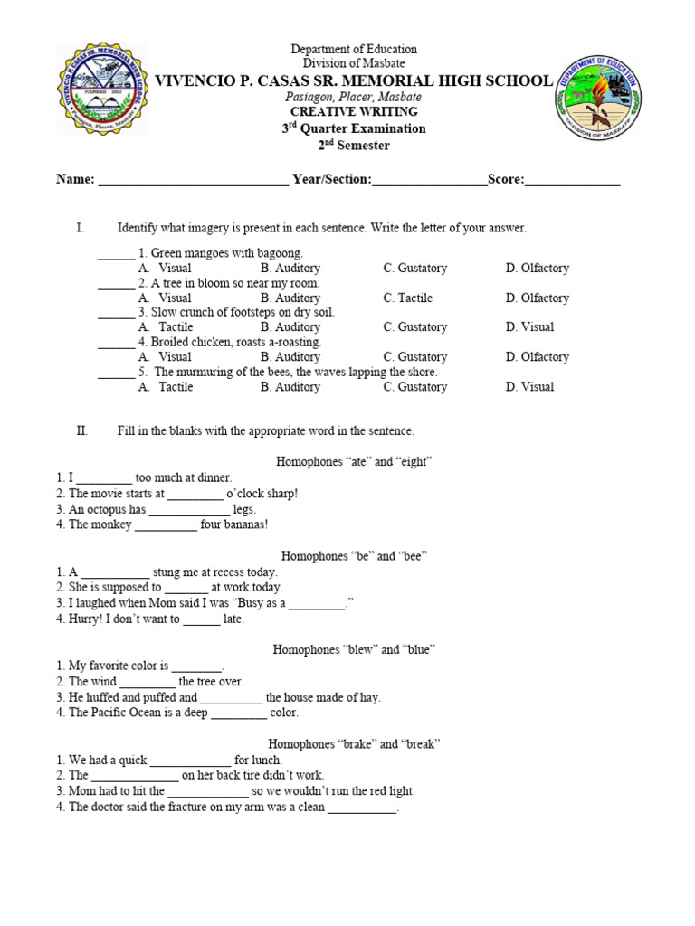 Creative Writing 3rd Quarter Exam | PDF | Language Arts & Discipline