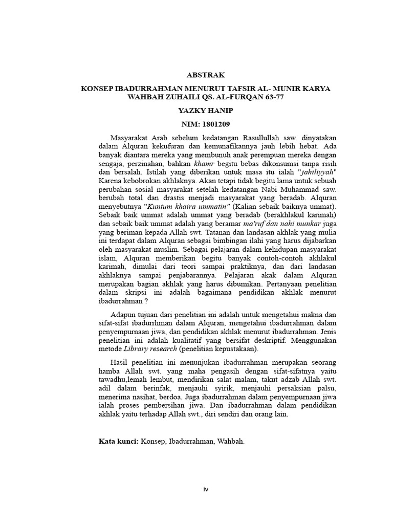 Abstrak Konsep Ibadurrahman Menurut Tafsir Al - Munir Karya Wahbah Zuhaili Qs. Al-Furqan 63-77 ...