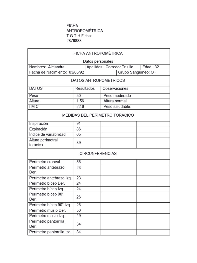 Ficha Antropométrica de Alejandra | PDF