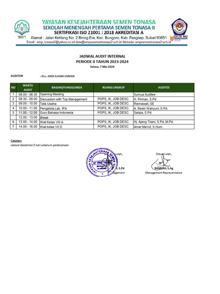 Jadwal Audit Internal Mei 2024 | PDF