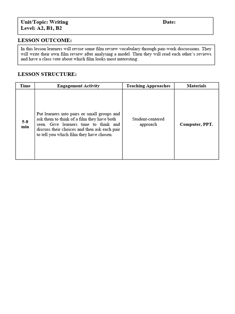 Film Review Writing Lesson Plan | PDF | Lesson Plan | Pedagogy