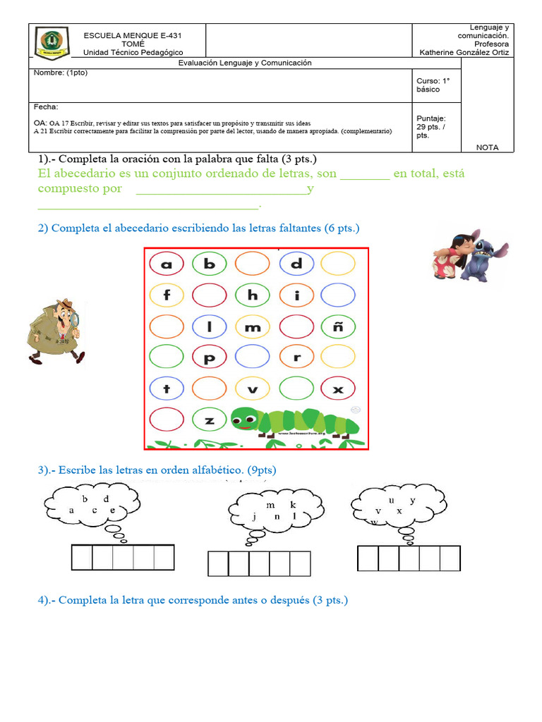Evaluacion Abecedario 2 Basico | PDF | Alfabeto | Lingüística