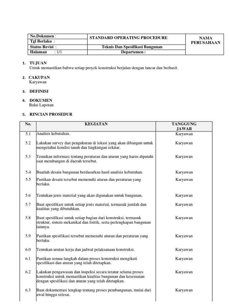 SOP Prosedur Teknis Dan Spesifikasi Bangunan | PDF