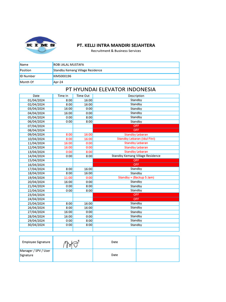 Timesheet Robi Jalal M April 2024 | PDF | Entertainment Events ...