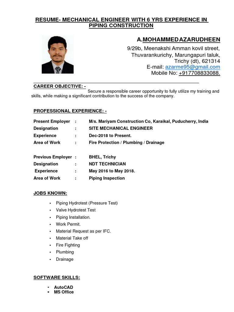 Azar Resume Piping Supvsr | PDF | Plumbing