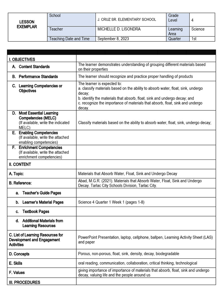 Science 4 Q1 Week 1 Lesson Exemplar | PDF | Decomposition | Learning